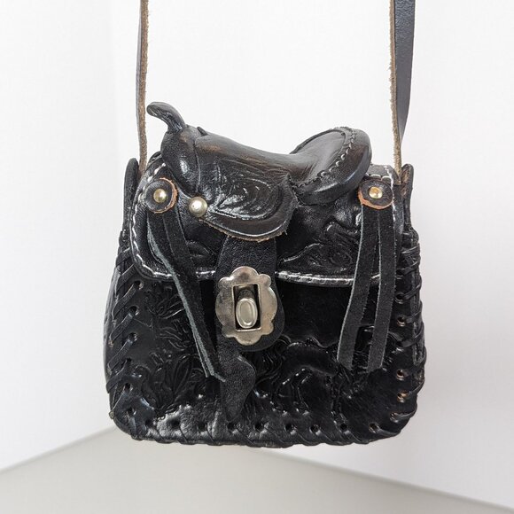 Vintage | Bags | Retro Black Tooled Leather Mini Western Crossbody Bag ...